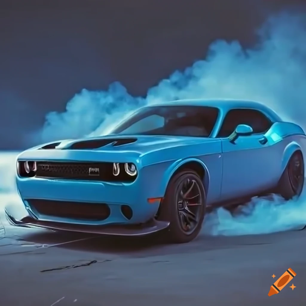 Sleek blue dodge challenger hellcat drifting around a turn with tire ...