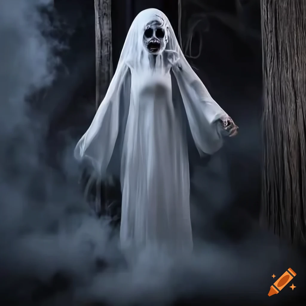 Creepy horror ghost girl in a chaotic, menacing atmosphere on Craiyon