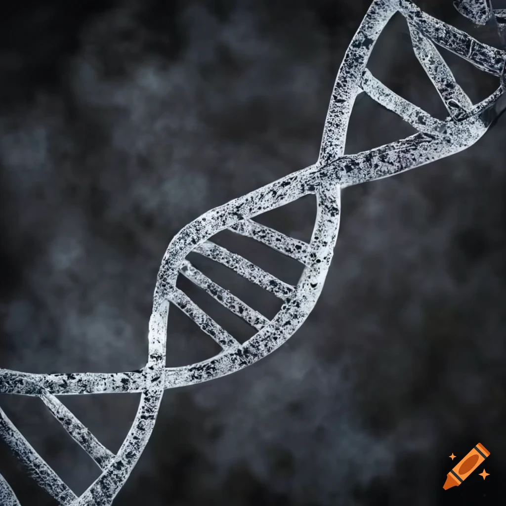 Detailed 3D rendering of a DNA molecule under a microscope on Craiyon