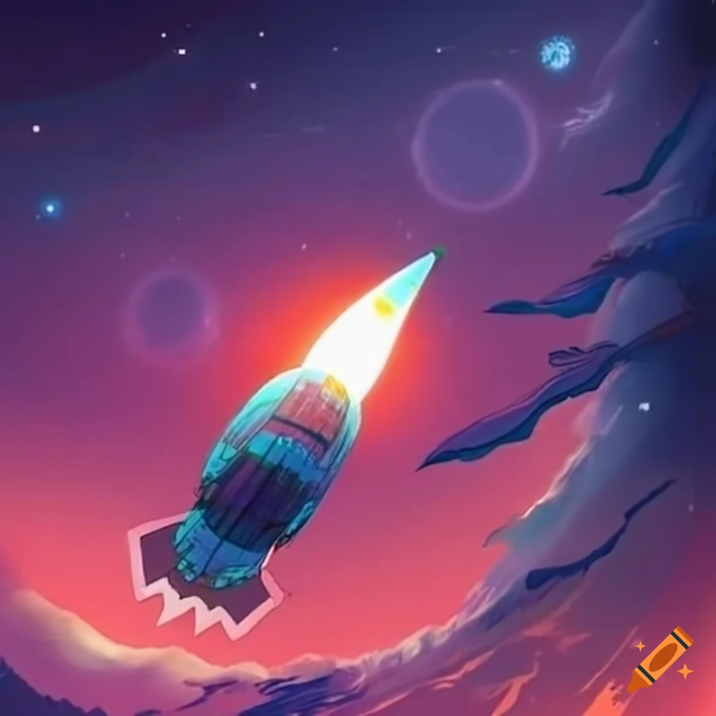 Rocket traveling through space with stars and celestial bodies in the ...