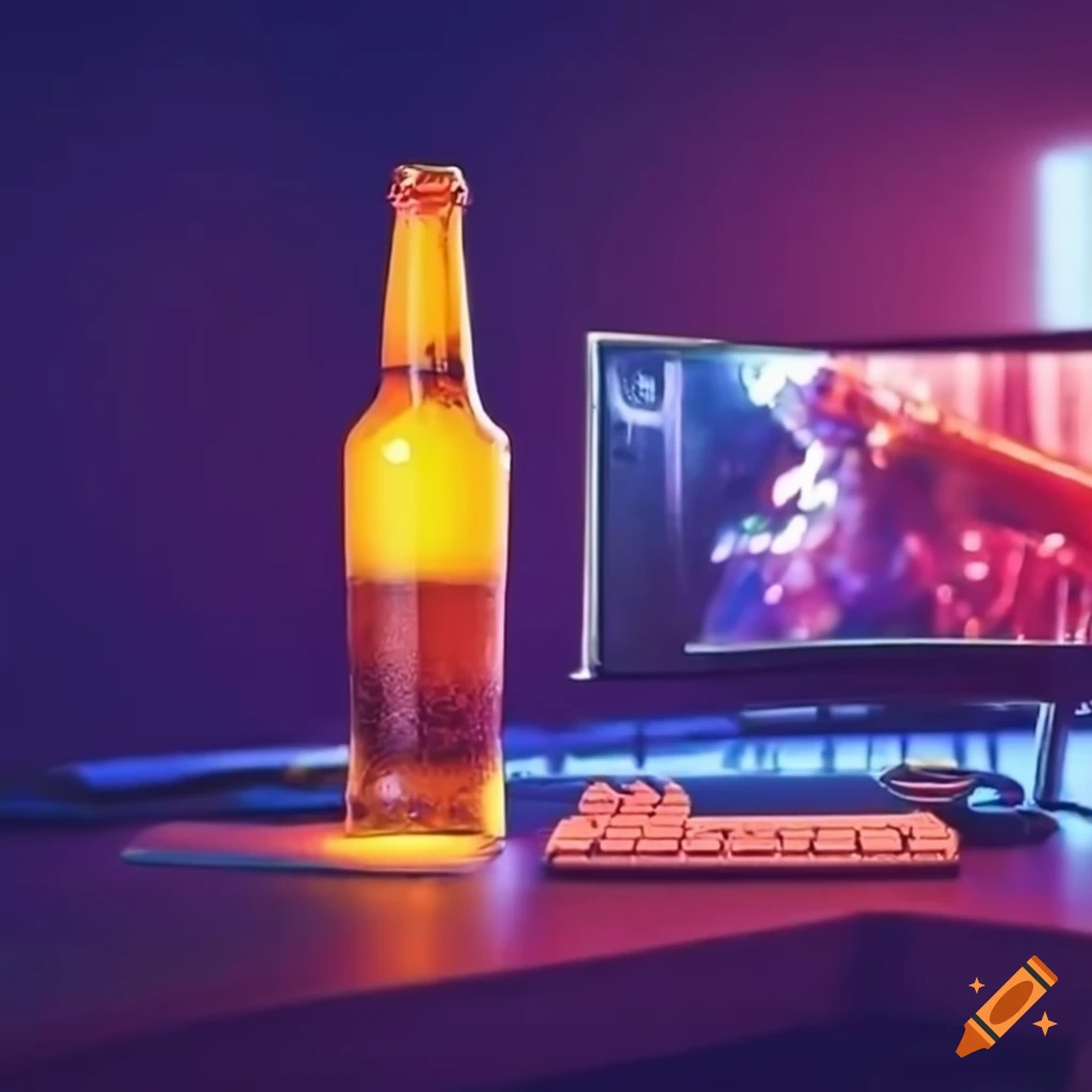 Corona beer bottles on retro video gaming pc setup desk on Craiyon