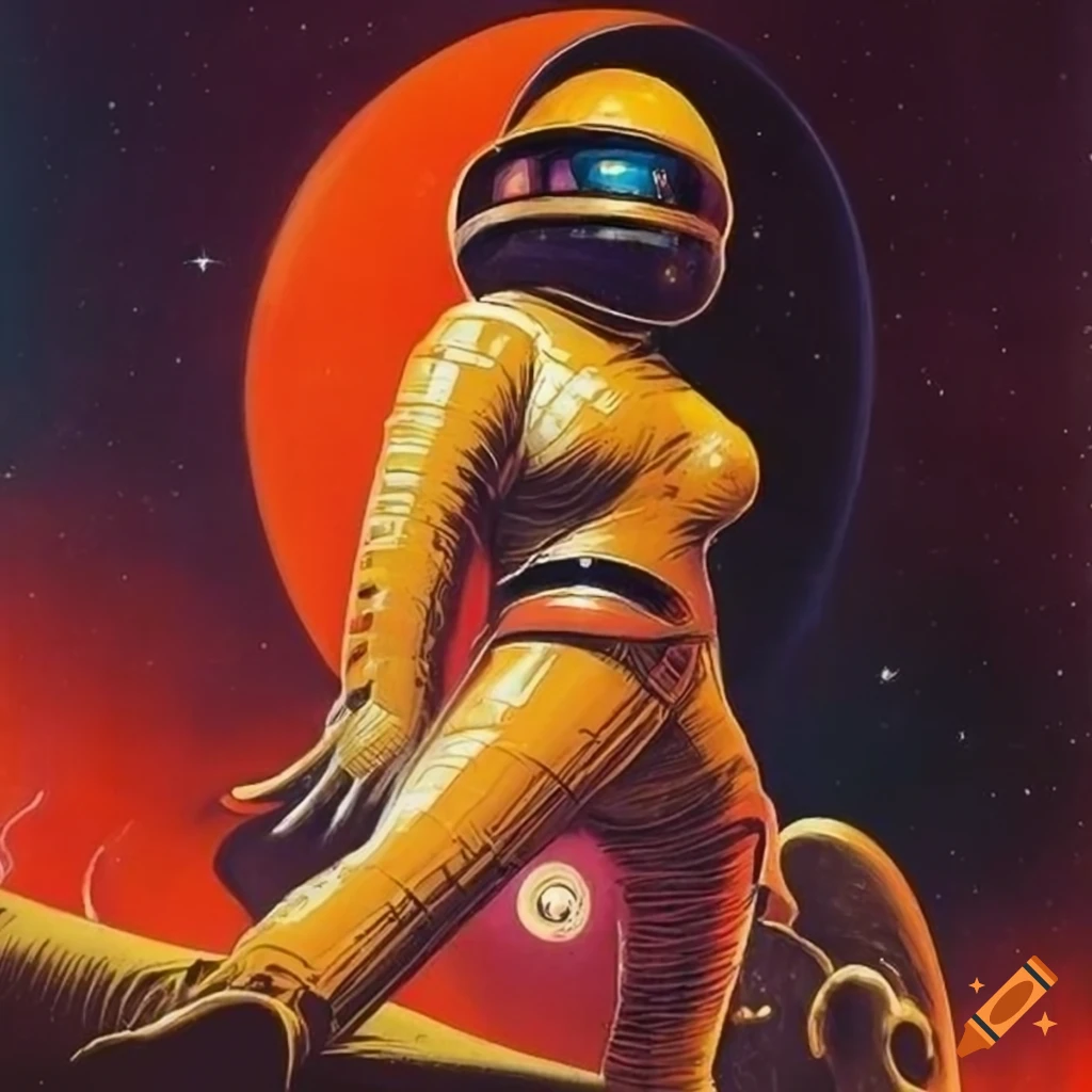 1970s sci-fi art novel cover depicting a spaceport with a spacewoman on Craiyon