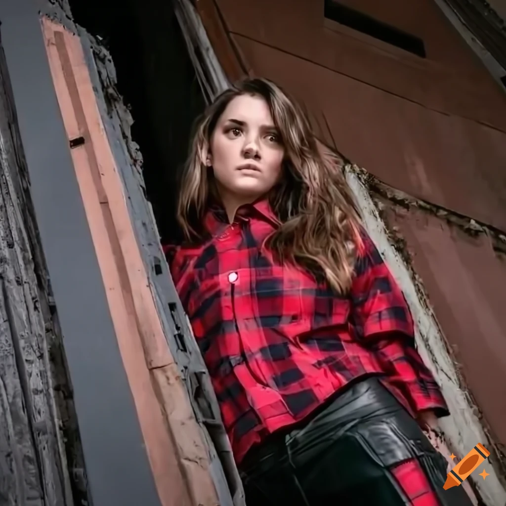 Actress Addison Timlin Lookalike In Red Plaid Shirt And High Waist