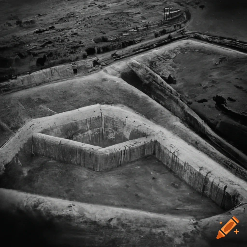 Vintage black-and-white photograph of military fortifications in a ...