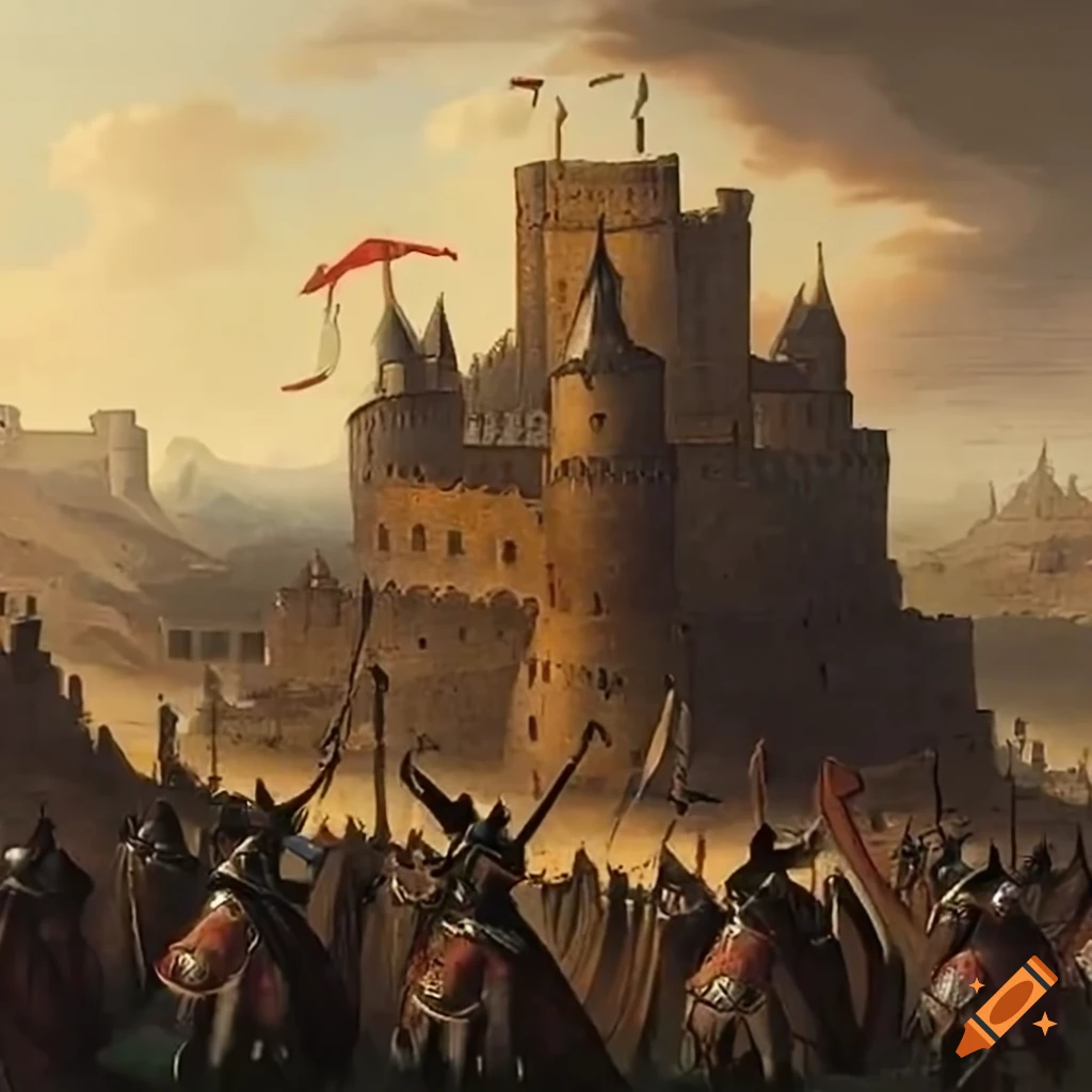 Large army surrounding a castle with cavalry, catapults, and archers in ...
