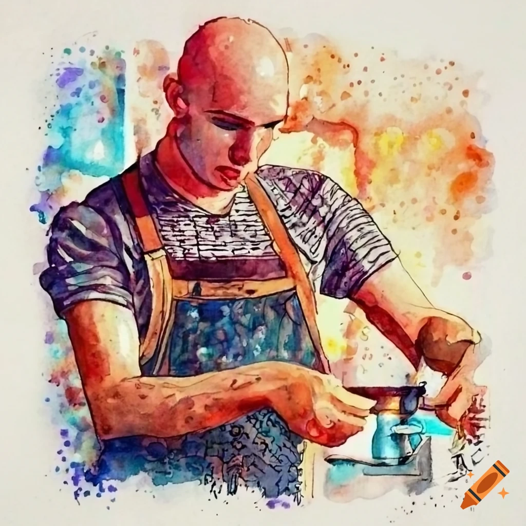 Detailed drawing of a barista working at an espresso machine on Craiyon