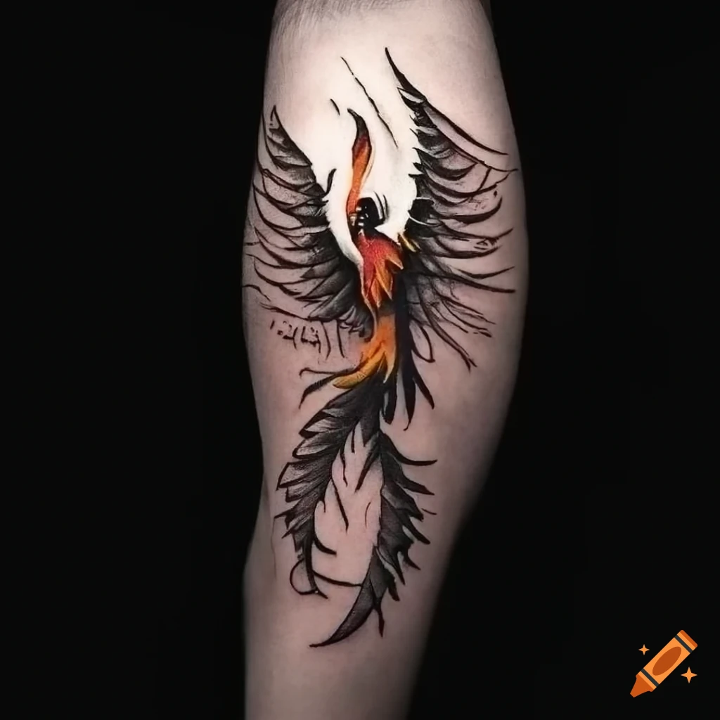 Fiery phoenix rising from chaos in a tattoo design with lightning bolts ...
