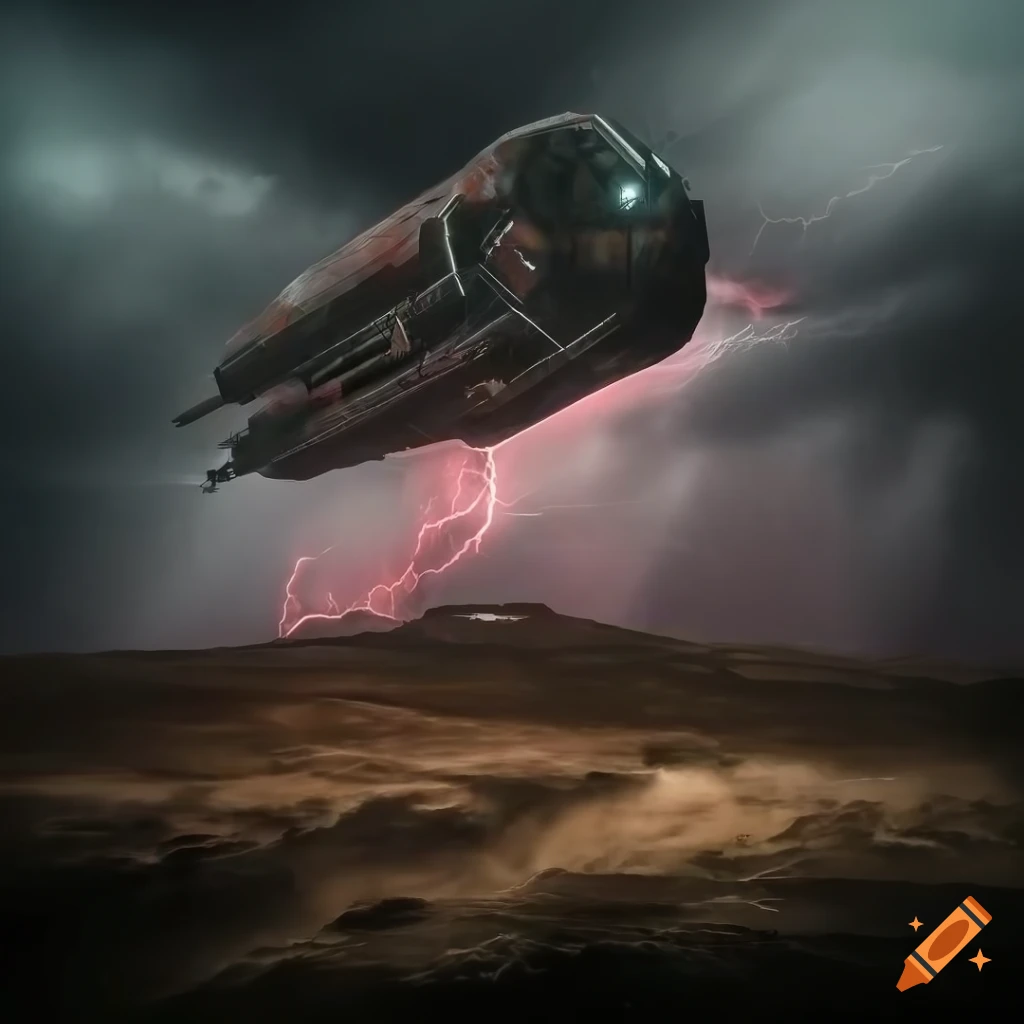 Derelict spaceship on rocky plateau amidst storm and lightning on Craiyon