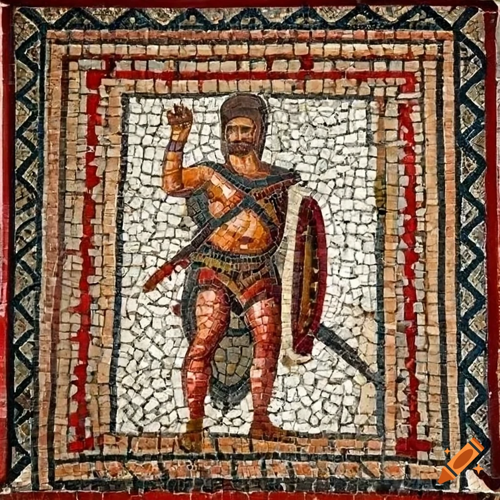 Roman-style mosaic artwork of an ancient soldier in armor with spqr ...