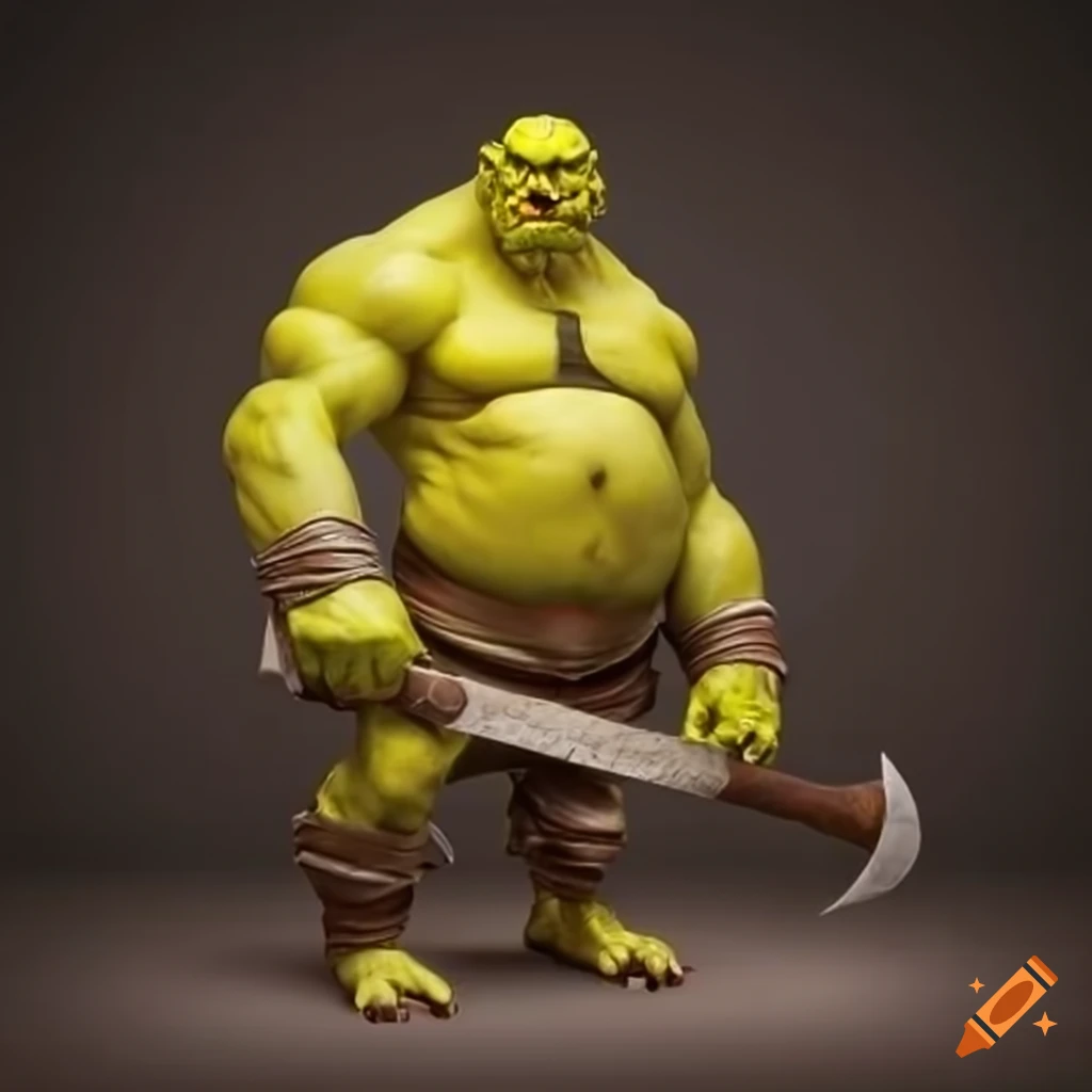 Yellow ogre in leather armor posing with an axe on Craiyon