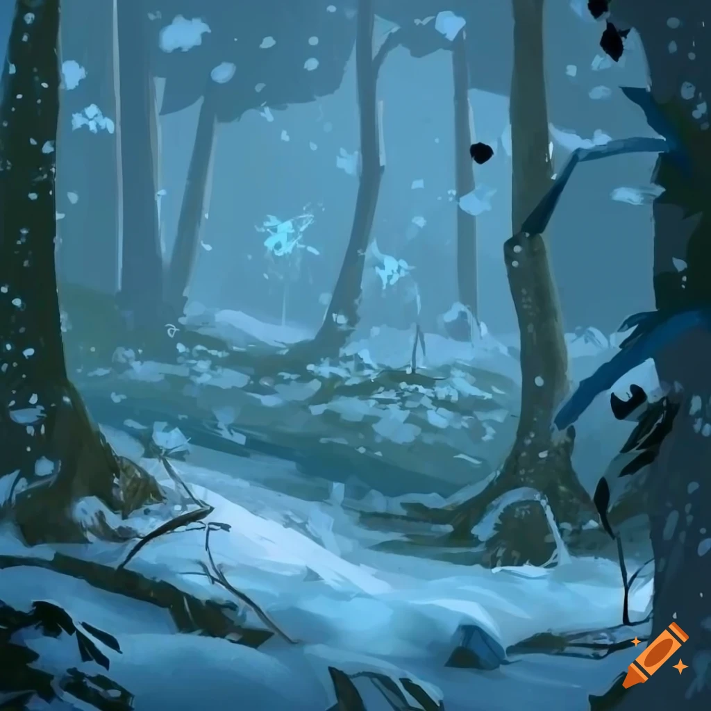Woodland caught in a harsh blizzard in a fantasy art style on Craiyon