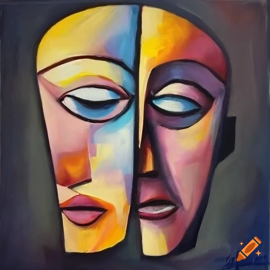 Cubism oil painting featuring three fragmented faces on Craiyon