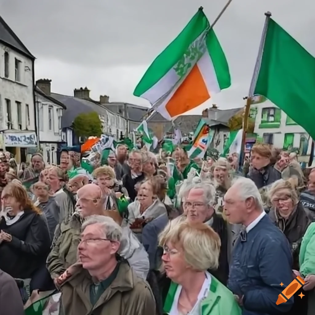 Irish nationalist rally in a rural irish village with irish flags ...