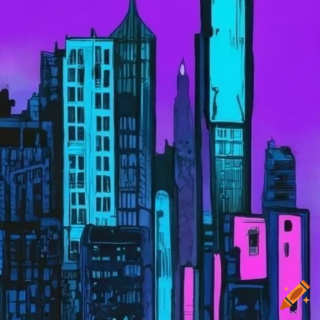 Neo-noir cityscape with smooth moments in graffiti style illustration ...
