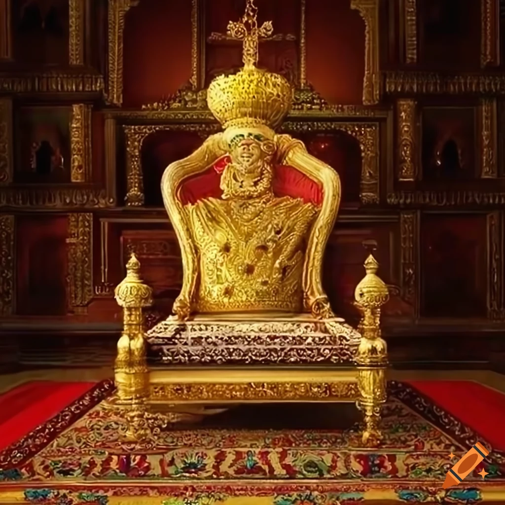 Indian royal palace darbar with a lion-human sitting on throne with a ...