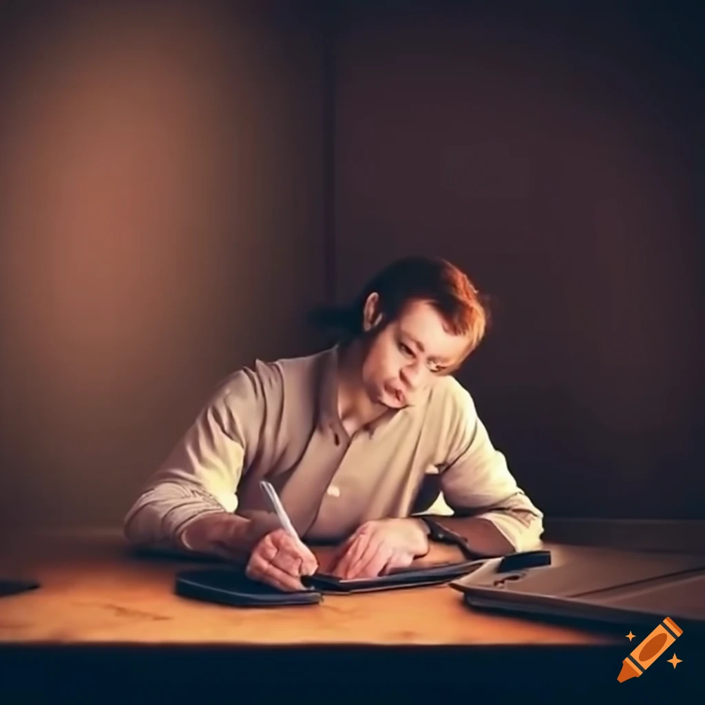 Adult man writing a story at a desk on Craiyon