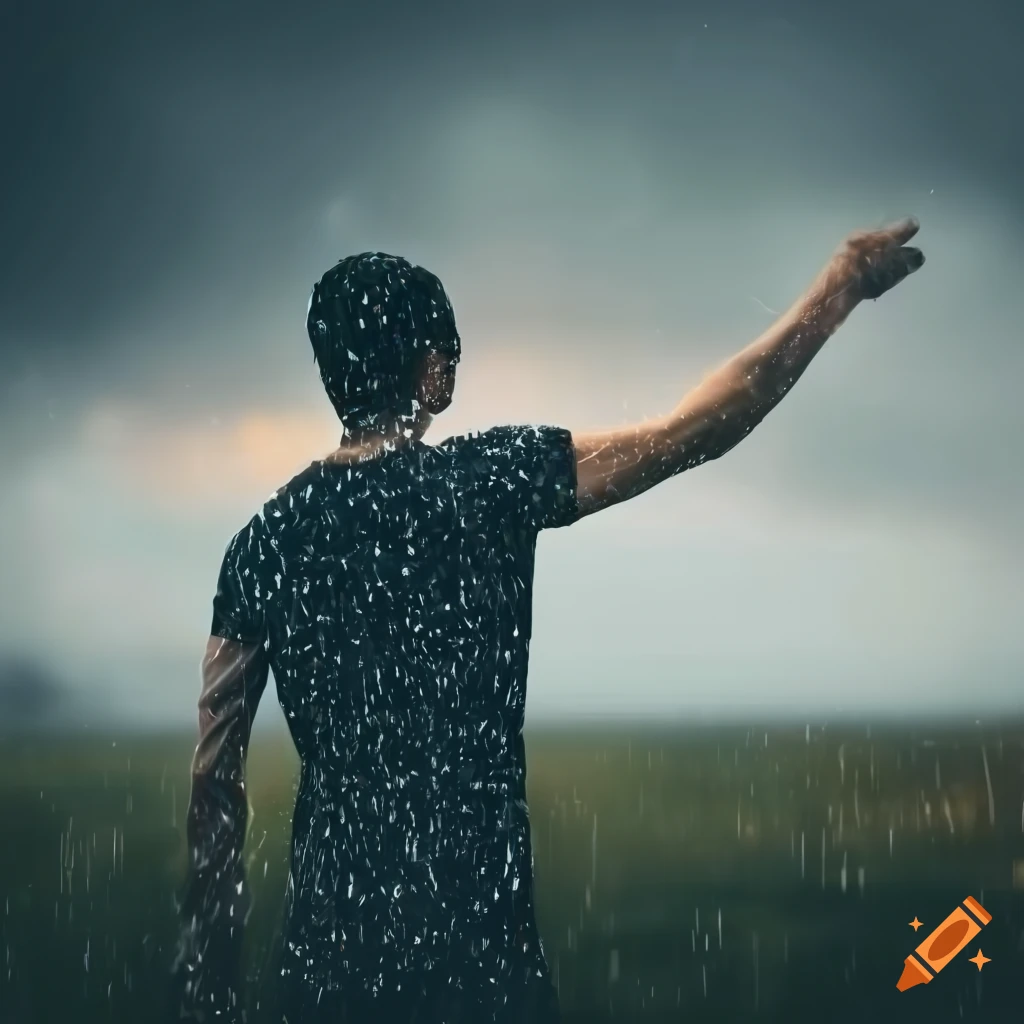 Man enjoying heavy rain and lightning with arms open in a field on Craiyon