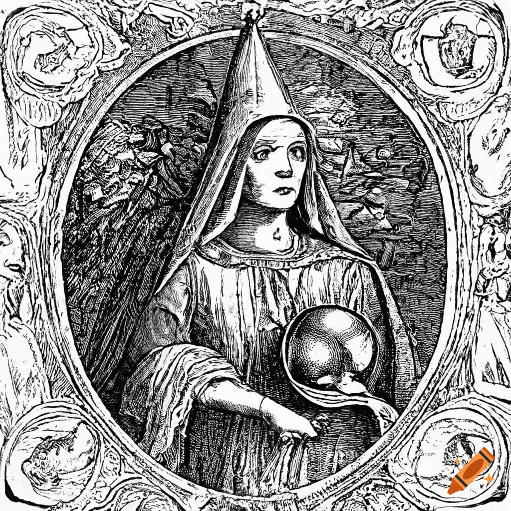 Engraving of a medieval witch in long robes with a crystal ball on Craiyon