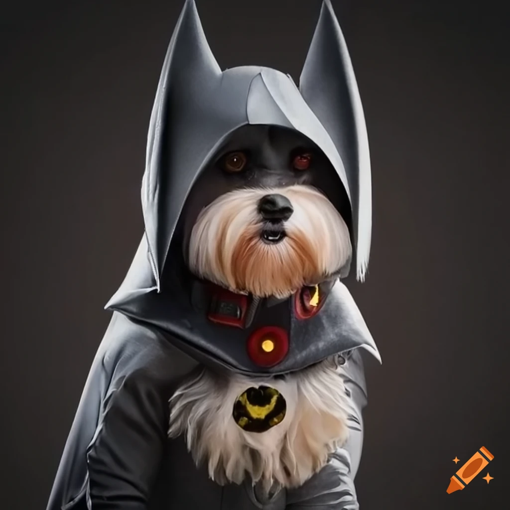 Havanese dressed as batman's batdog with cowl and cape on Craiyon