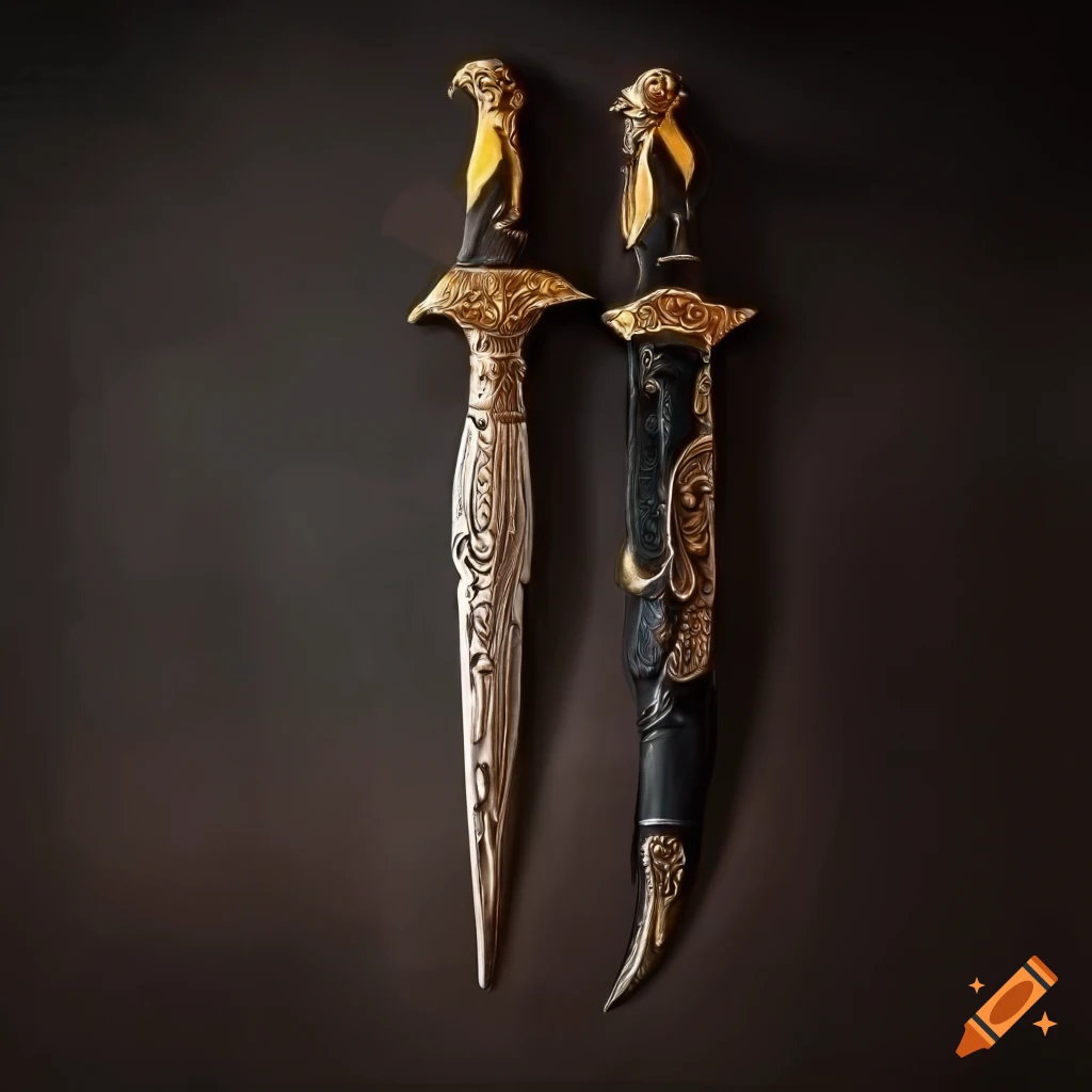 Pair of exquisitely designed raven engraved daggers on a table on Craiyon