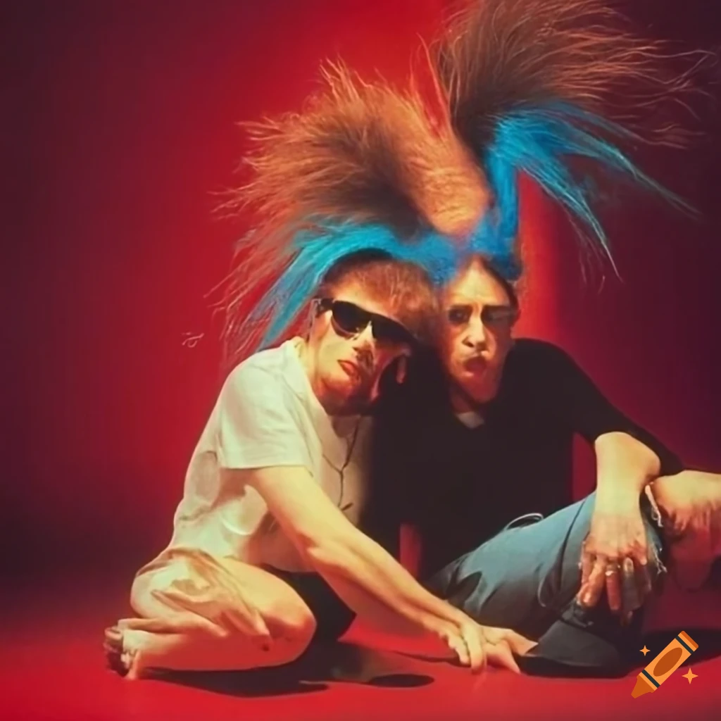 80s style LP cover with two guys in a dreamlike abstract setting on Craiyon