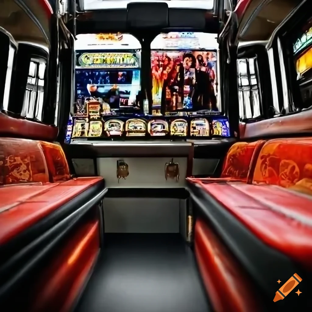 Interior of a bus with bar slot machines and a poker table on Craiyon