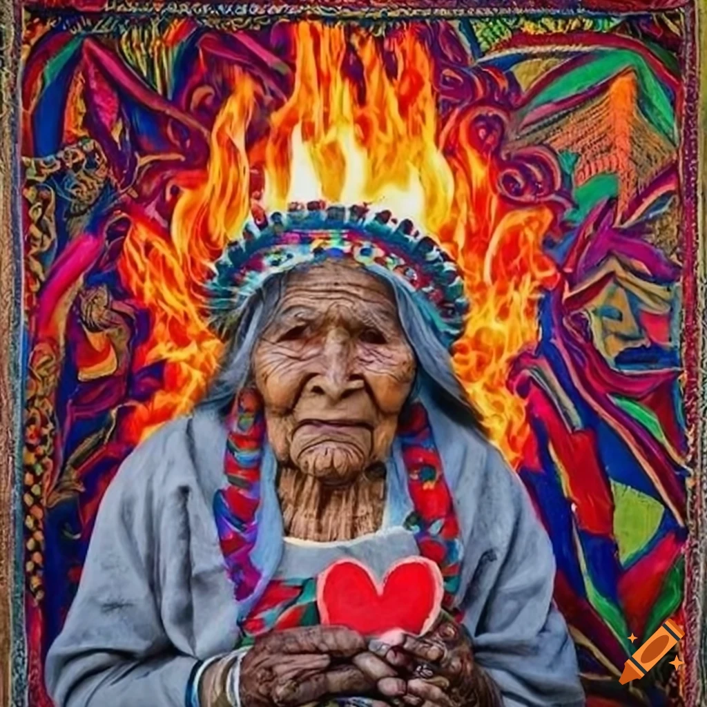 Elderly indigenous healer holding a burning heart symbol in a vibrant chicano art landscape on ...