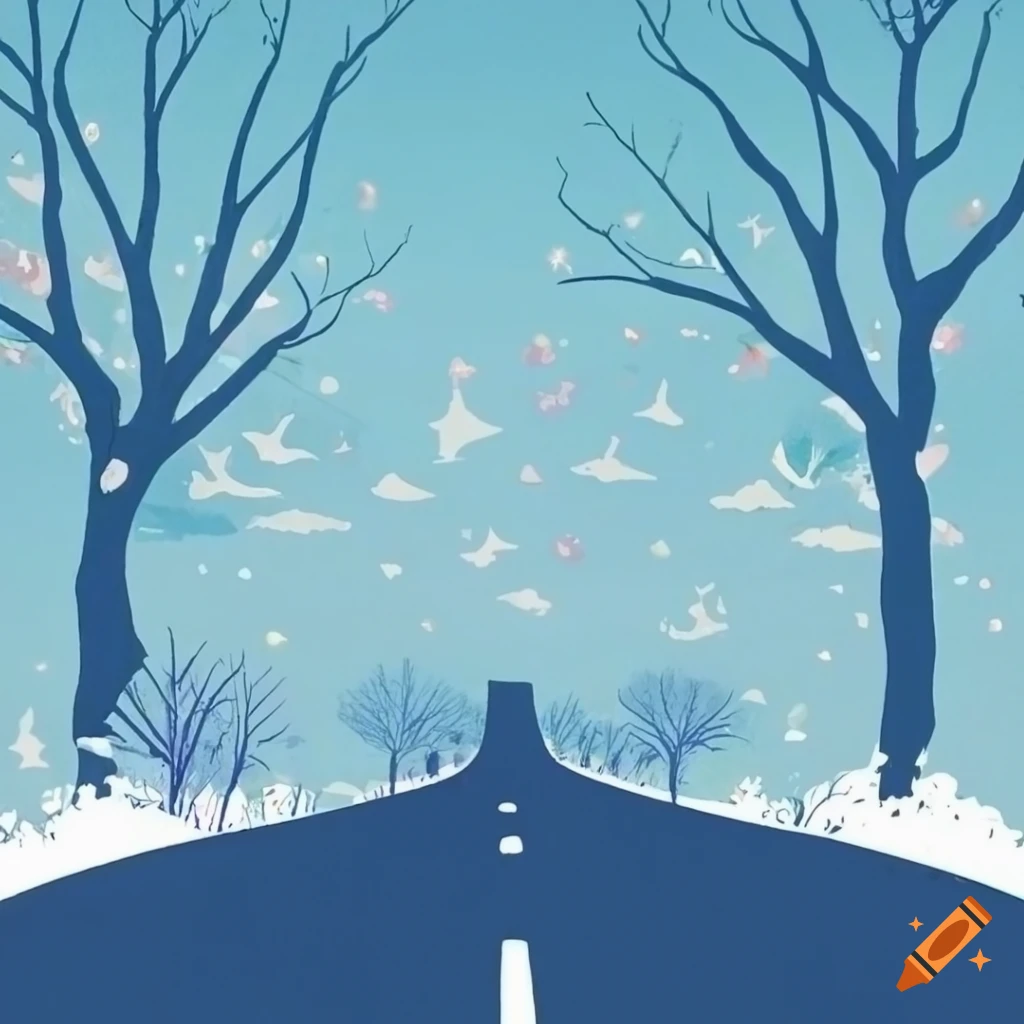 Road with birds, trees, and road sign in simple storybook art style on ...