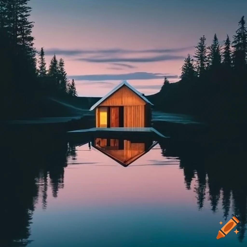 Floating sleeping cabin on a nordic lake on a summer day on Craiyon