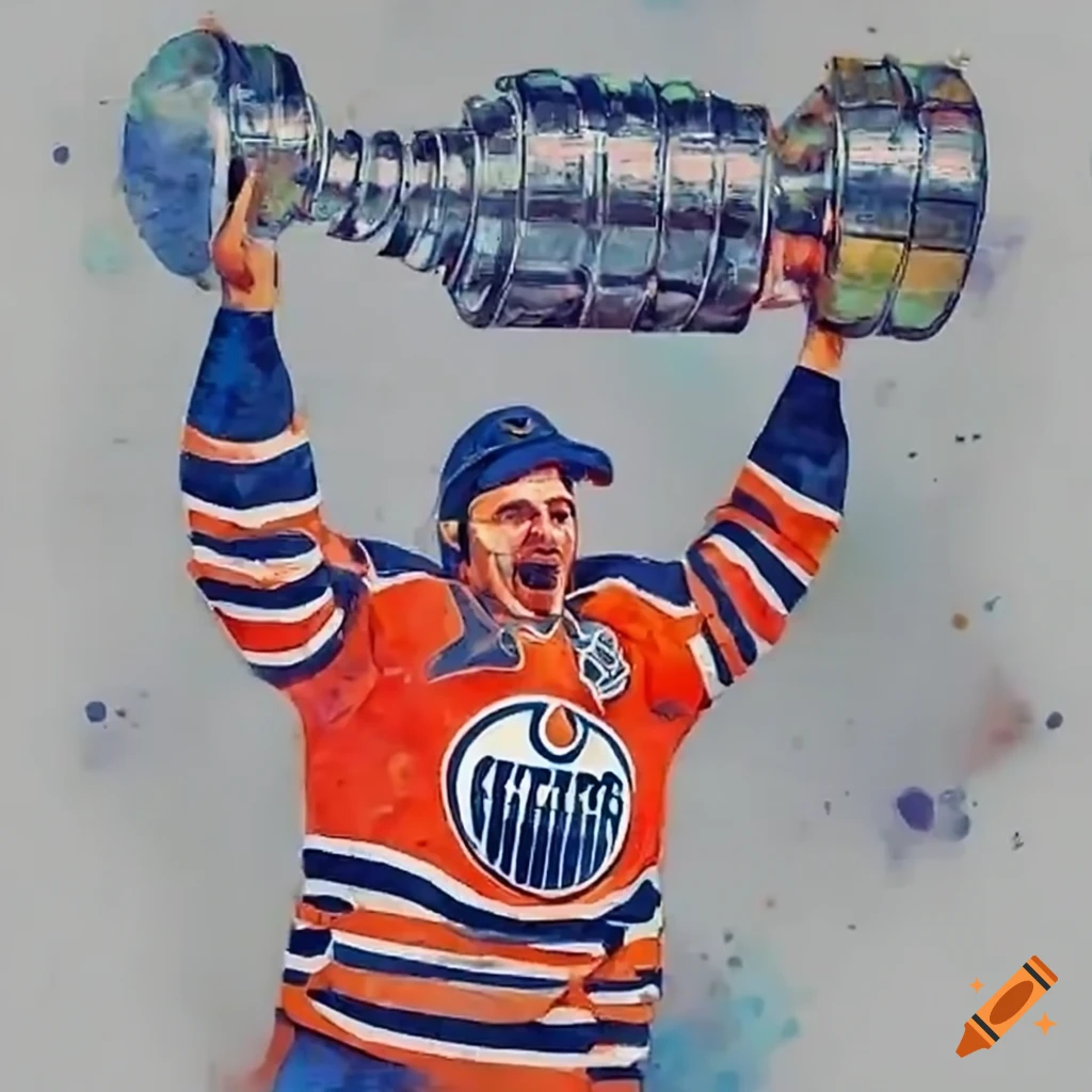 Hockey player from the Edmonton Oilers holding the Stanley Cup in front ...