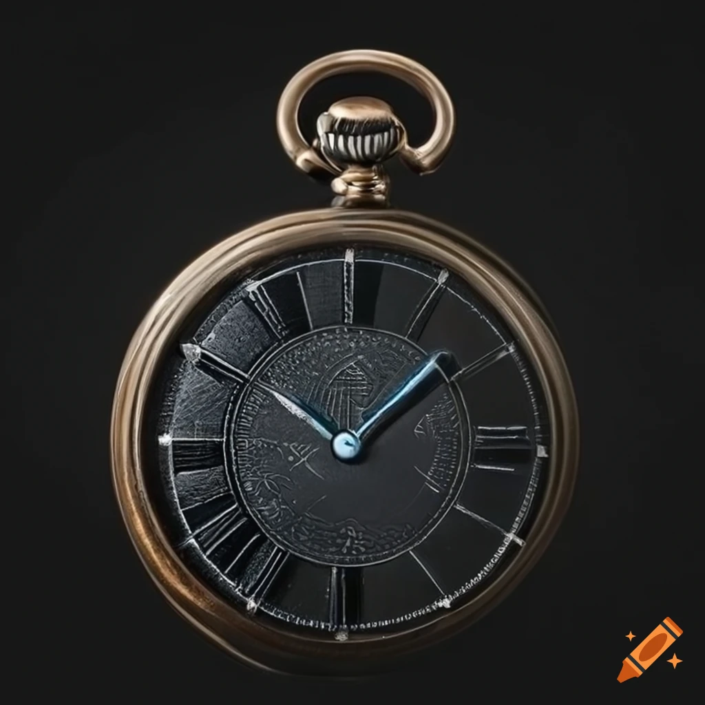 Dark pocket watch with abstract face and black casing on Craiyon