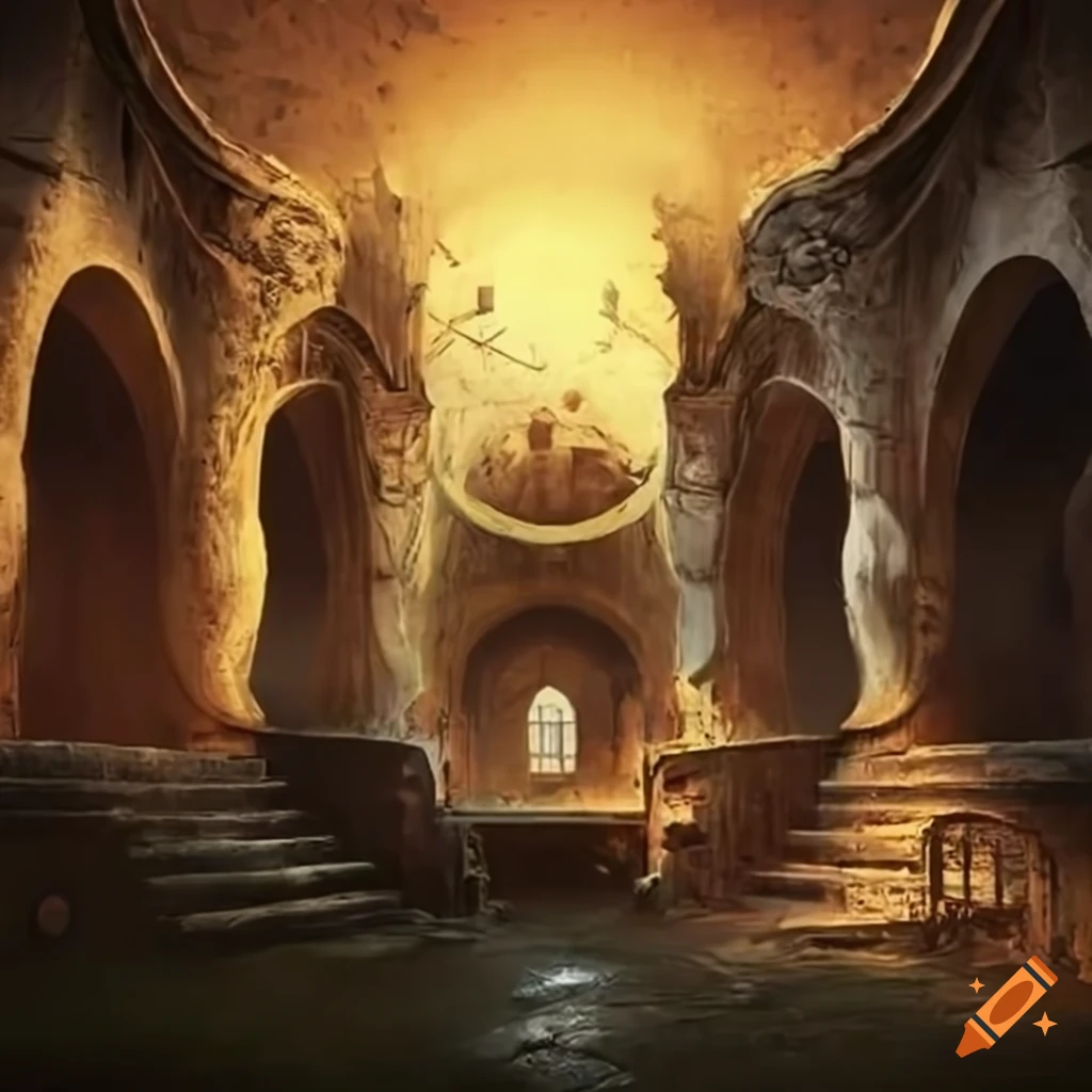 Ancient courtyard of an underground castle in a fantasy setting on Craiyon