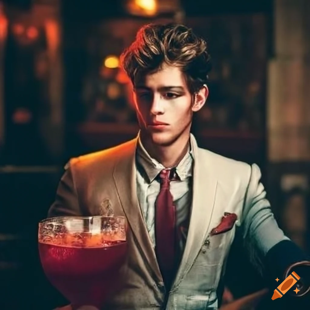 Attractive young man in his 20s drinking a cosmopolitan at a modern bar ...