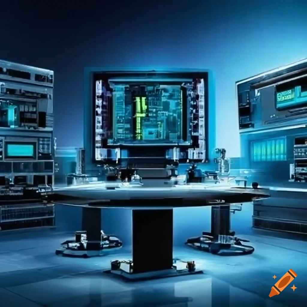 High-tech science TV show set with advanced control panels and ...