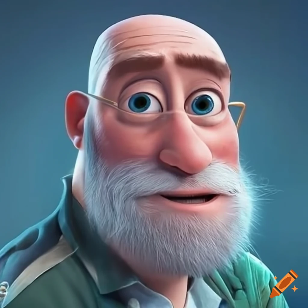Pixar character with white, bald, gray bearded and goateed, wearing ...