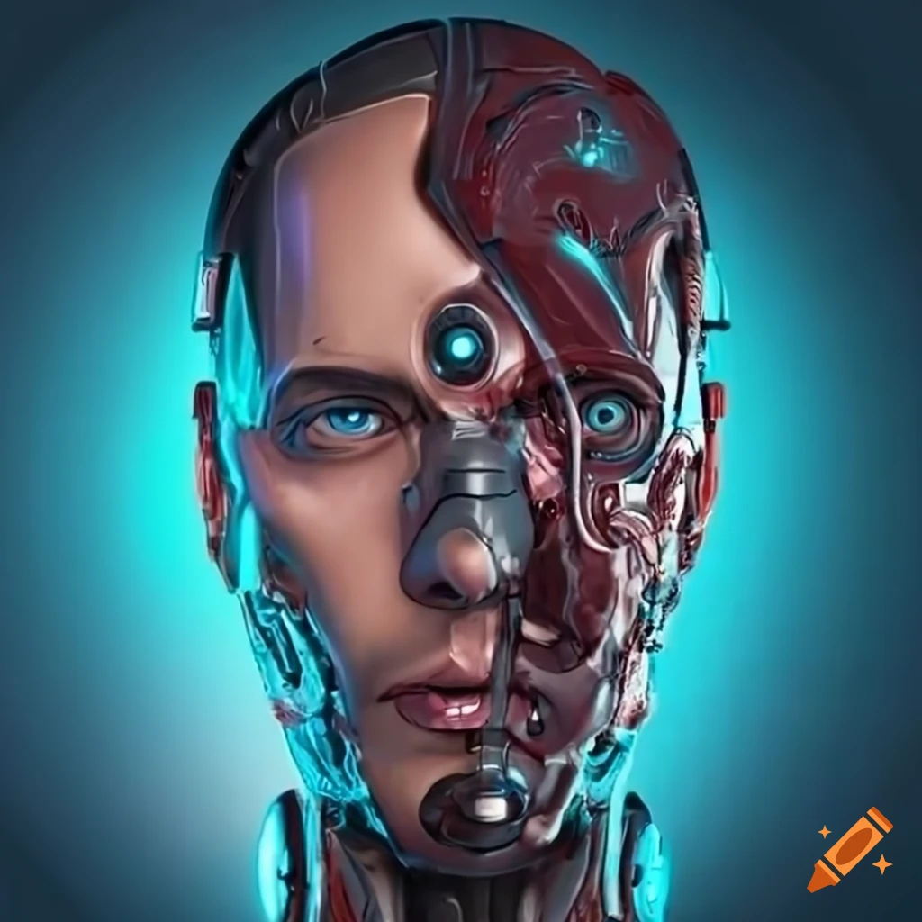 Cyborg man with advanced technology on left side of face on Craiyon