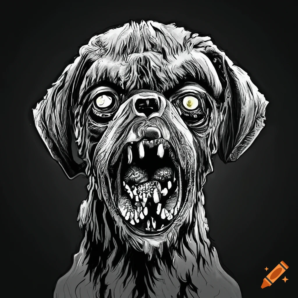 Intricate black and white drawing of a zombie puppy with sharp teeth on ...