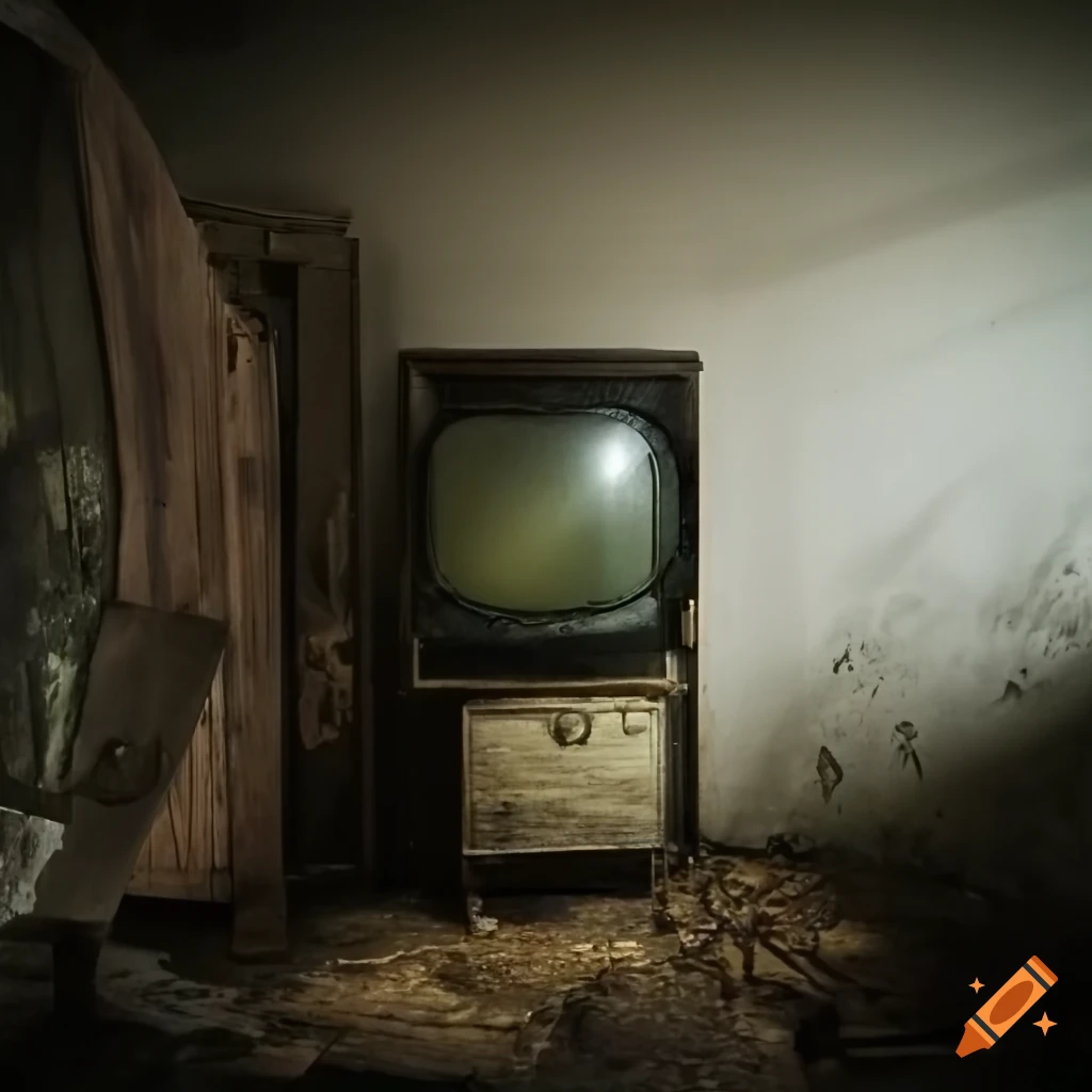 Post-apocalyptic room with TV and door to darkness in an analogic ...