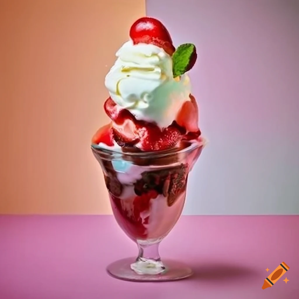 Delightful ice cream sundae with vanilla, strawberry, and chocolate ...