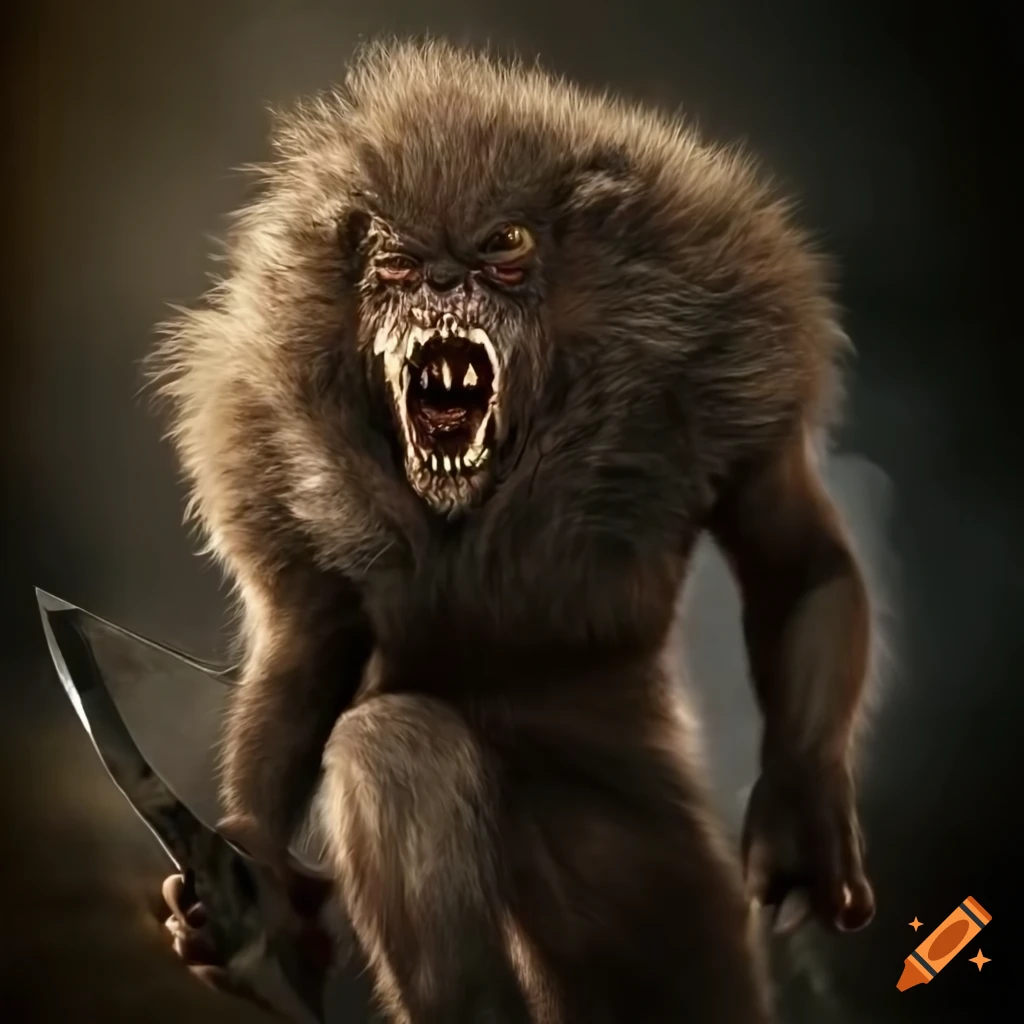 Powerful werewolf with sword and gambeson in combat on Craiyon