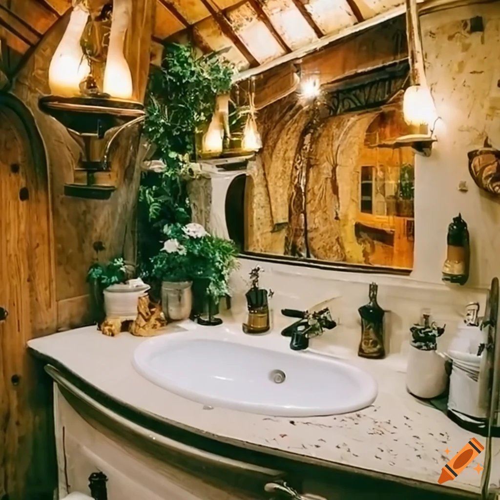 Cozy hobbit bathroom with many light bulbs on on Craiyon