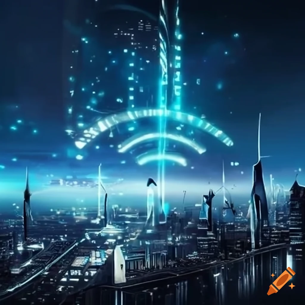 Futuristic city with technology symbols like wifi, fiber optics ...