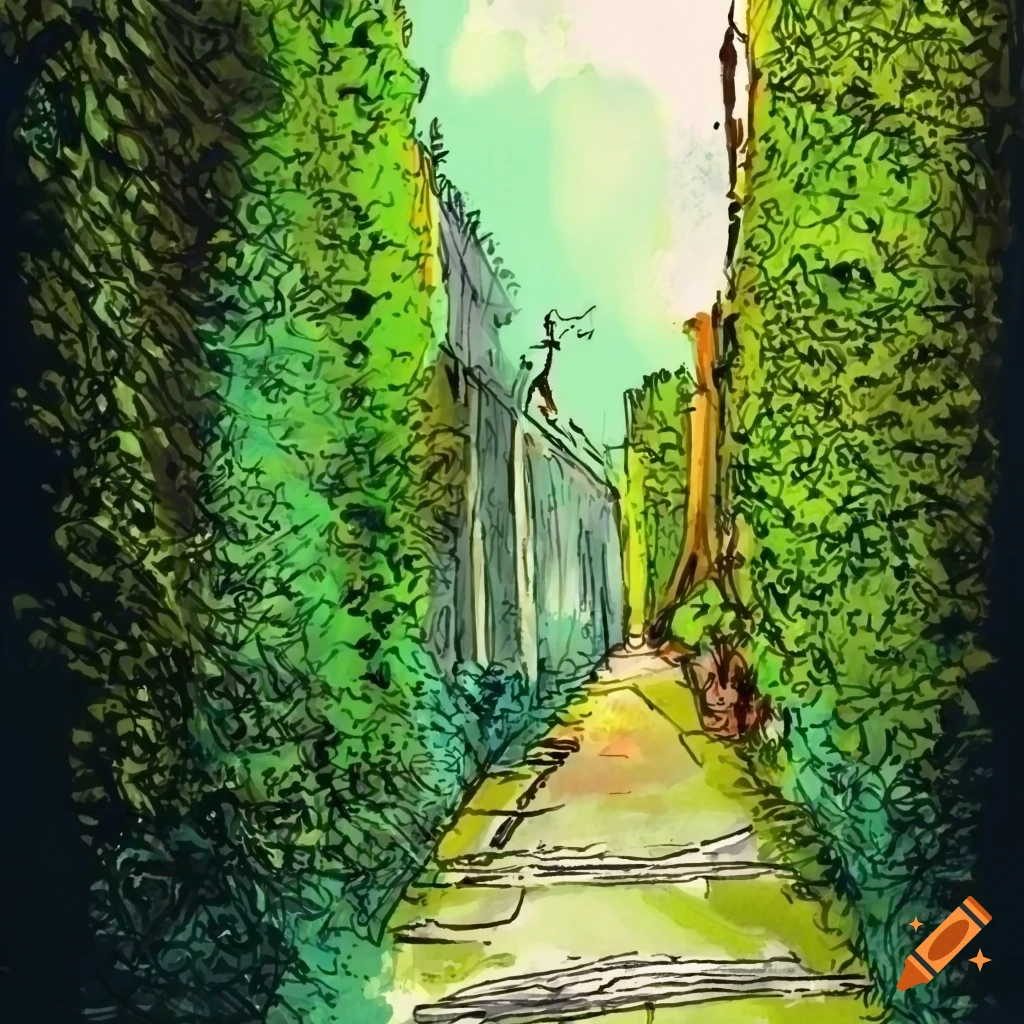 Sketch of a small alleyway with a vegetated hedge on Craiyon