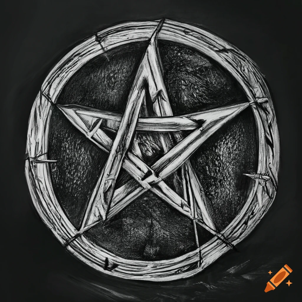 Black and white pencil drawing of a pentagram on Craiyon