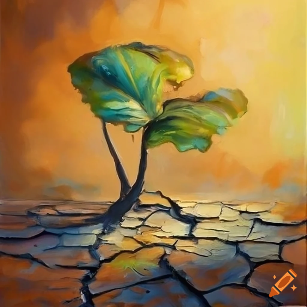 Enchanting impressionist painting of plant growing through cracked ...