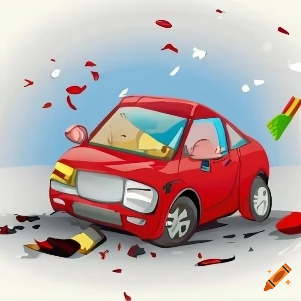 Cartoon car crash scene with detailed damage and learner plates on Craiyon
