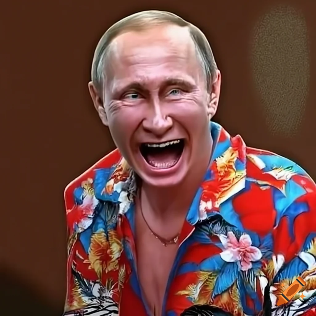 Vladimir putin in hawaiian shirt laughing on Craiyon