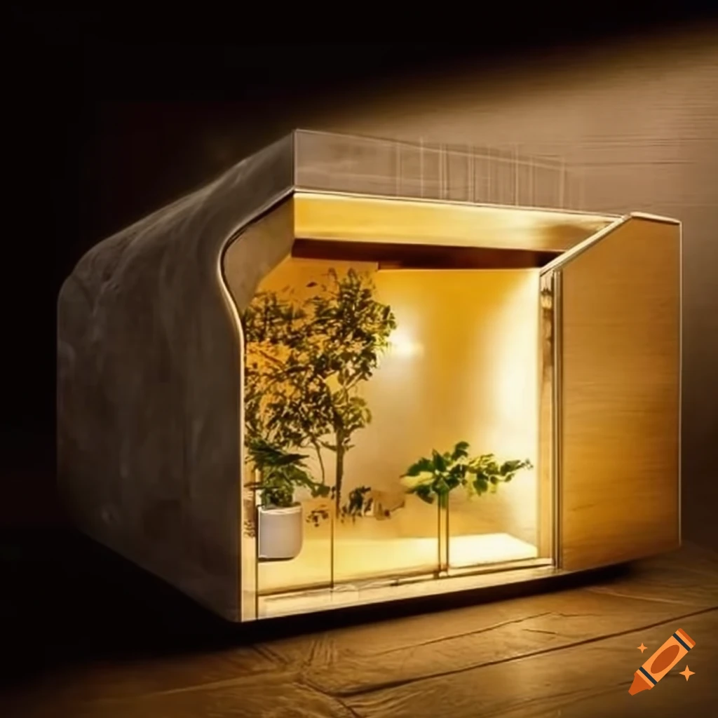 Space-age pod house with glass panels and plants in Japanese ...
