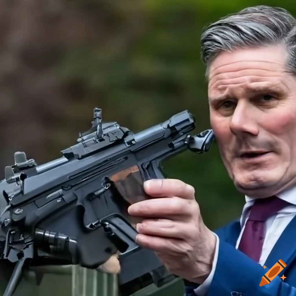 Keir Starmer holding a large weapon on Craiyon
