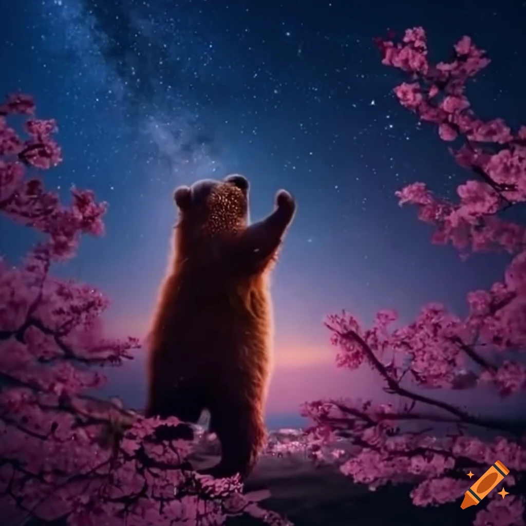 Curious grizzly bear observing cherry blossoms under the night sky on ...